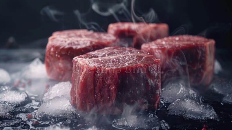 Raw Beef Steaks with Ice Cubes and Smoke Effect, Dark Background. Fresh ...