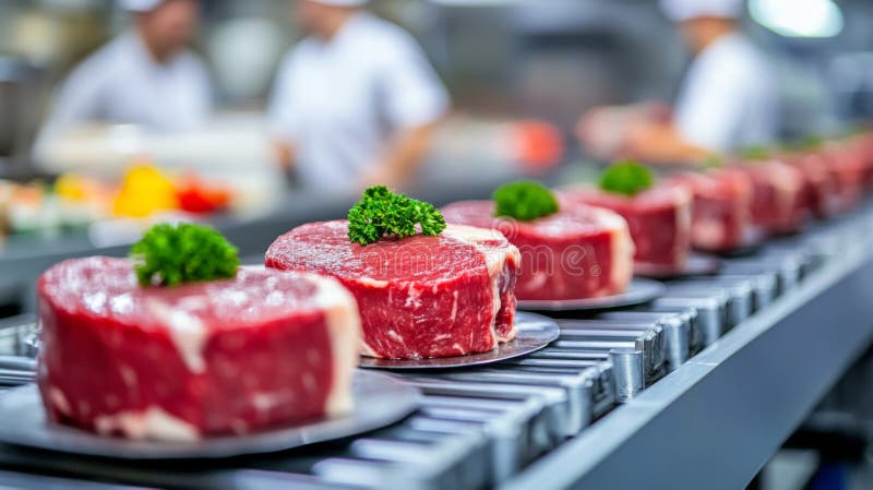 Raw Beef Steaks Moving on Conveyor Belt in Kitchen Stock Illustration ...