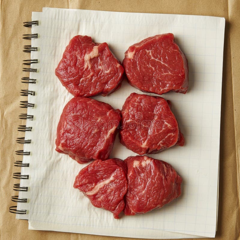 Raw Beef Steaks on Notebook Paper Displayed Neatly in Two Rows Stock ...