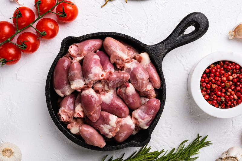 Raw Bird Hearts Meat, on White Stone Table Background, Top View Flat ...