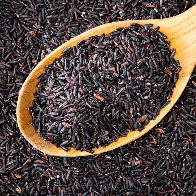 Raw Black Rice in Wooden Spoon Closeup Stock Photo - Image of indica ...