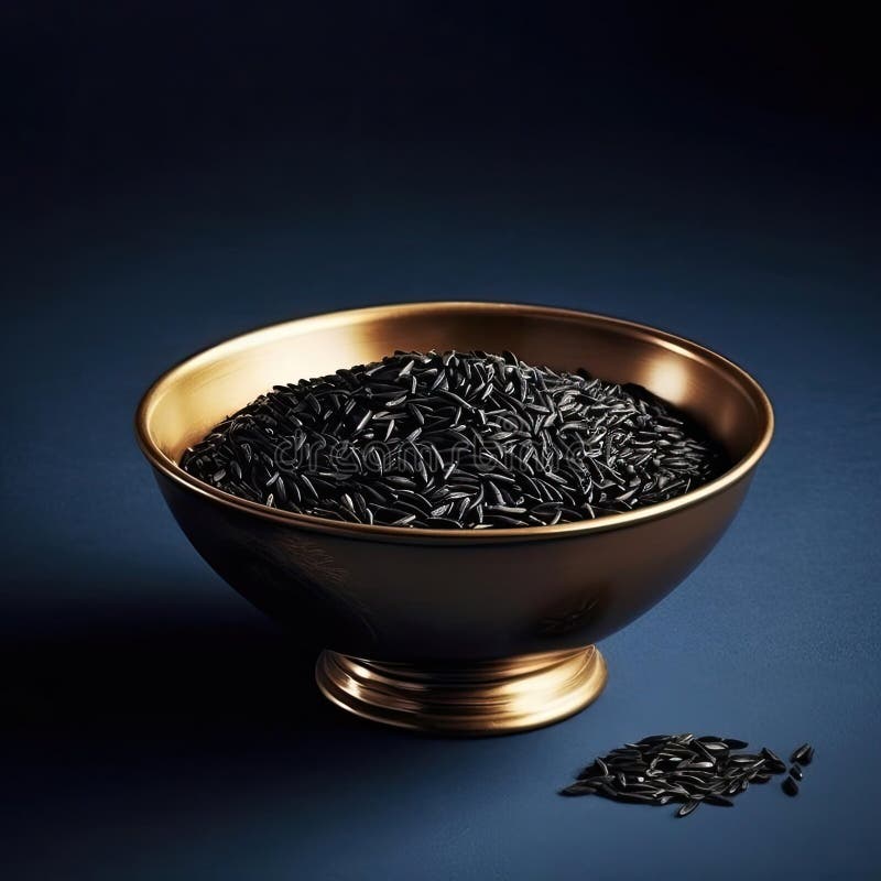 Raw Black Wild Rice in a Copper Bowl on a Dark Blue Background Stock ...