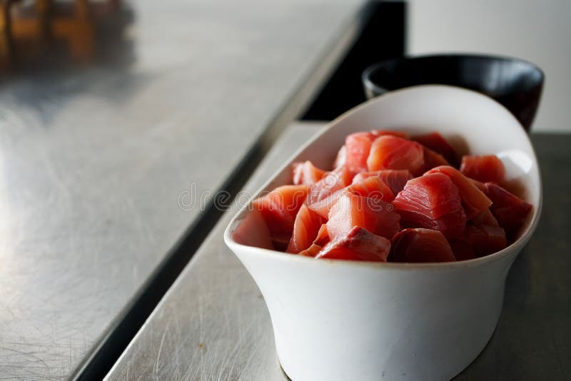 Raw Blue Marlin Fish Cut in Small Pieces in a White Bowl Stock Photo ...