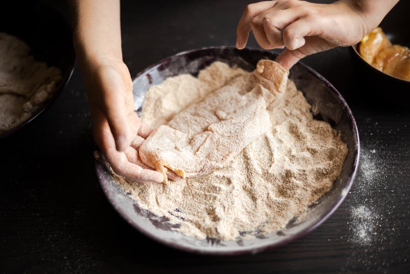 Raw Breaded Meat Preparing Closeup Stock Image - Image of dinner, hand ...