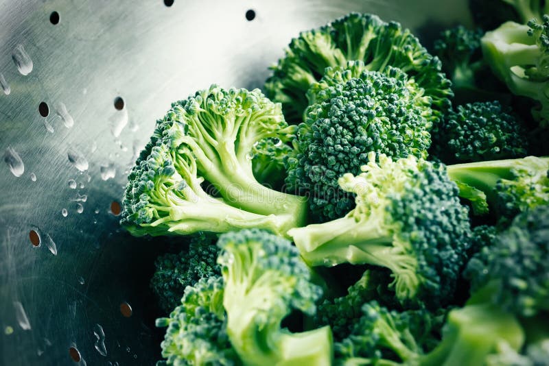 Raw Broccoli Florets, Wet in Metal Colander, Washed Stock Image - Image ...
