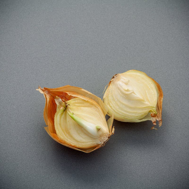 Raw Bulbs of Onion on Gray Background Flat Lay and Copy Space. T Stock ...