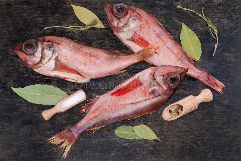 Raw Carcasses of Redfish and Spices on the Black Surface Stock Photo ...