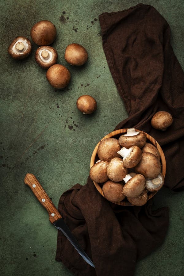 Raw Champignons in Wooden Olive Bowl, Old Rusty Green Kitchen Table ...