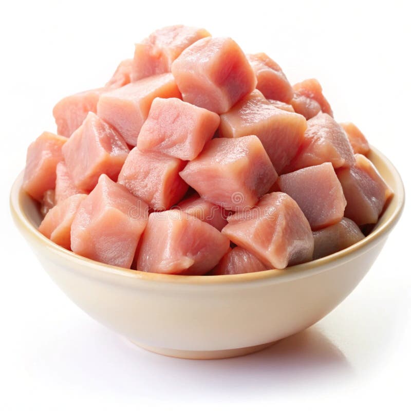 Raw Chicken Cubes in Bowl Isolated on White Background Stock Photo ...