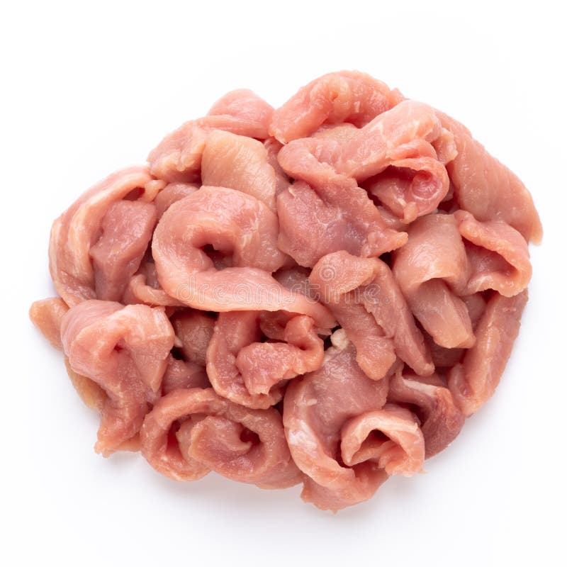 Raw Chicken Fillet. Small Pieces of Meat Isolated on White Stock Photo ...