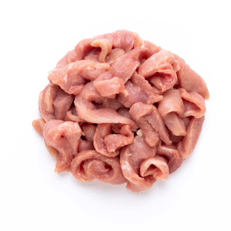 Raw Chicken Fillet. Small Pieces of Meat Isolated on White Stock Photo ...
