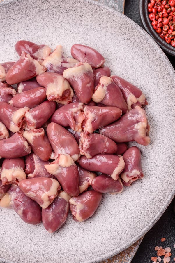 Raw Chicken Hearts with Salt, Spices and Herbs Stock Image - Image of ...