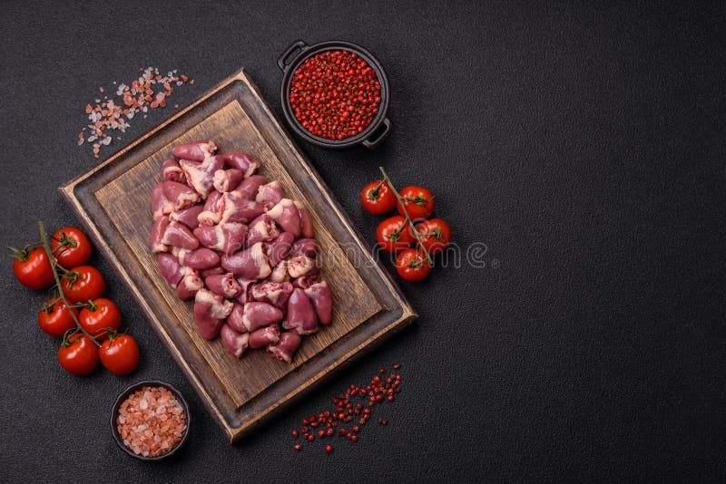Raw Chicken Hearts with Salt, Spices and Herbs Stock Image - Image of ...