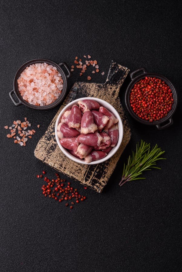 Raw Chicken Hearts with Salt, Spices and Herbs Stock Image - Image of ...