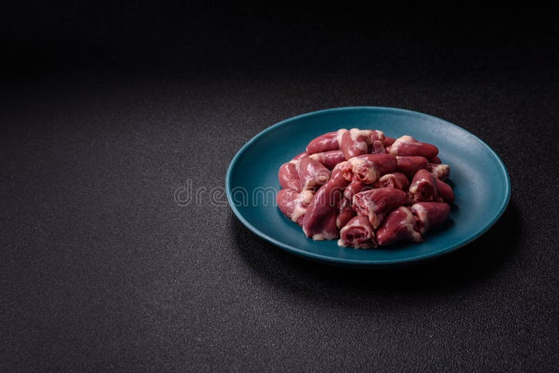 Raw Chicken Hearts with Salt, Spices and Herbs Stock Image - Image of ...