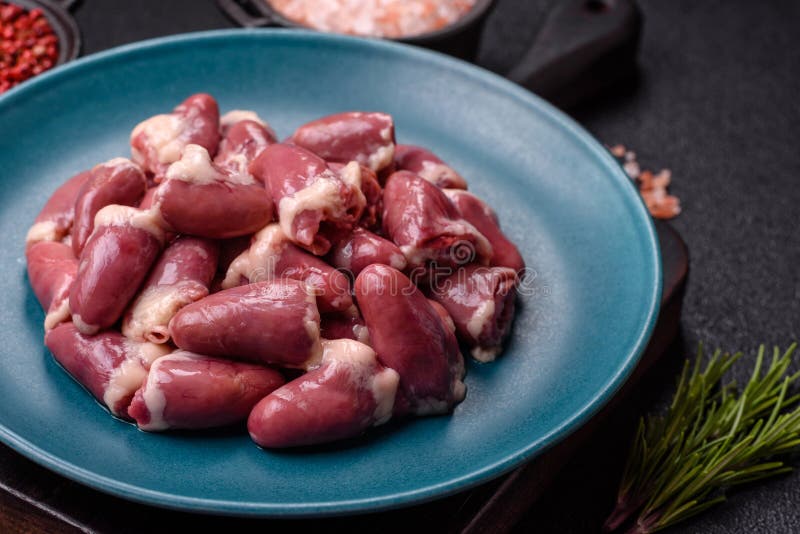 Raw Chicken Hearts with Salt, Spices and Herbs Stock Image - Image of ...