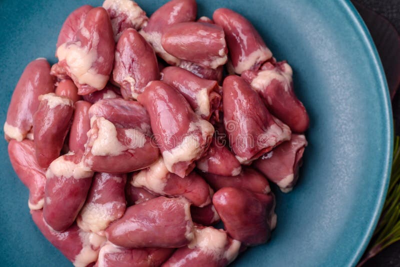 Raw Chicken Hearts with Salt, Spices and Herbs Stock Image - Image of ...