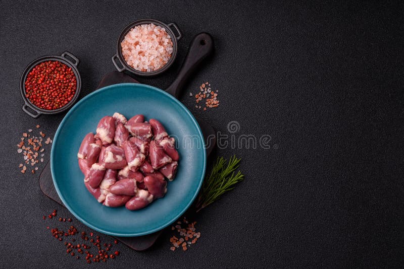 Raw Chicken Hearts with Salt, Spices and Herbs Stock Photo - Image of ...