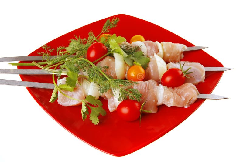 Raw chicken kebabs on red stock photo. Image of fresh - 15149124