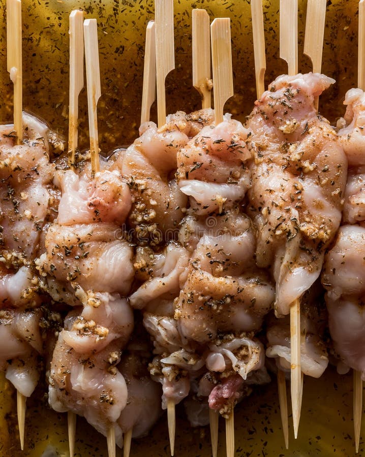 Raw Chicken Marinading on Bamboo Skewers. Stock Image - Image of ...