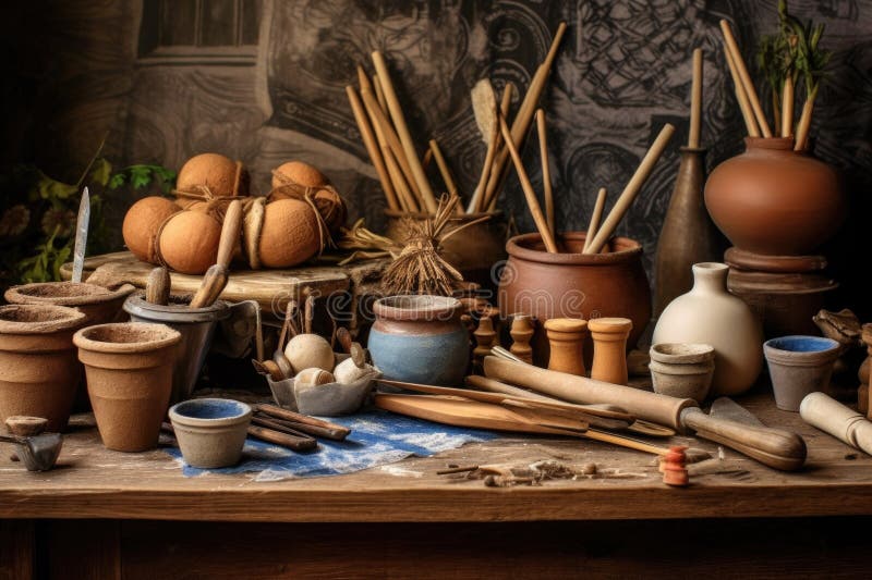Raw Clay and Pottery Tools on Wooden Table Stock Illustration ...