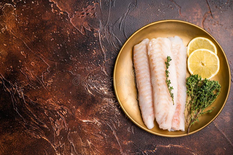 Raw Cod Loin Pieces, Whitefish Fillets without Skin on Plate with Herbs ...