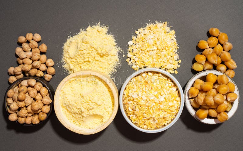 Raw and Cooked Chickpeas, Chickpea Flour and Flakes in Small Ceramic ...