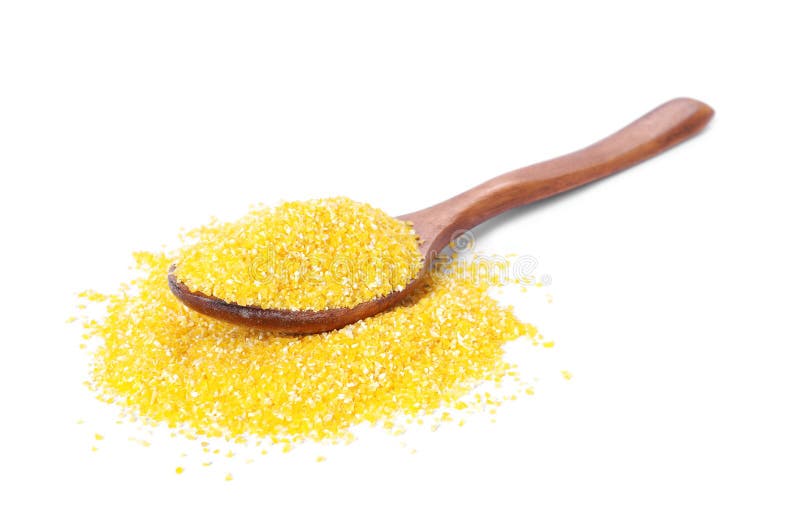 Raw Cornmeal in Wooden Spoon Isolated on White Stock Image - Image of ...