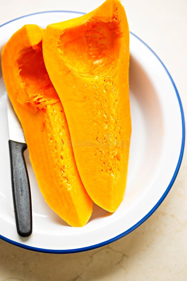 Raw Cut Butternut Squash Prepared Ready To Be Chopped and Baked Stock ...