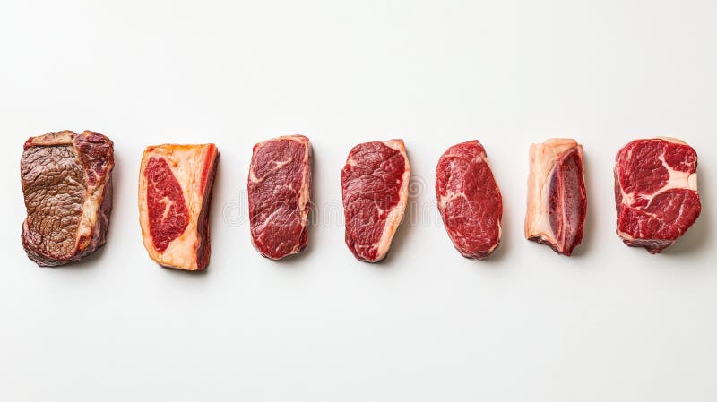 Raw Cuts of Meat Arranged on a White Background Ideal for Culinary ...