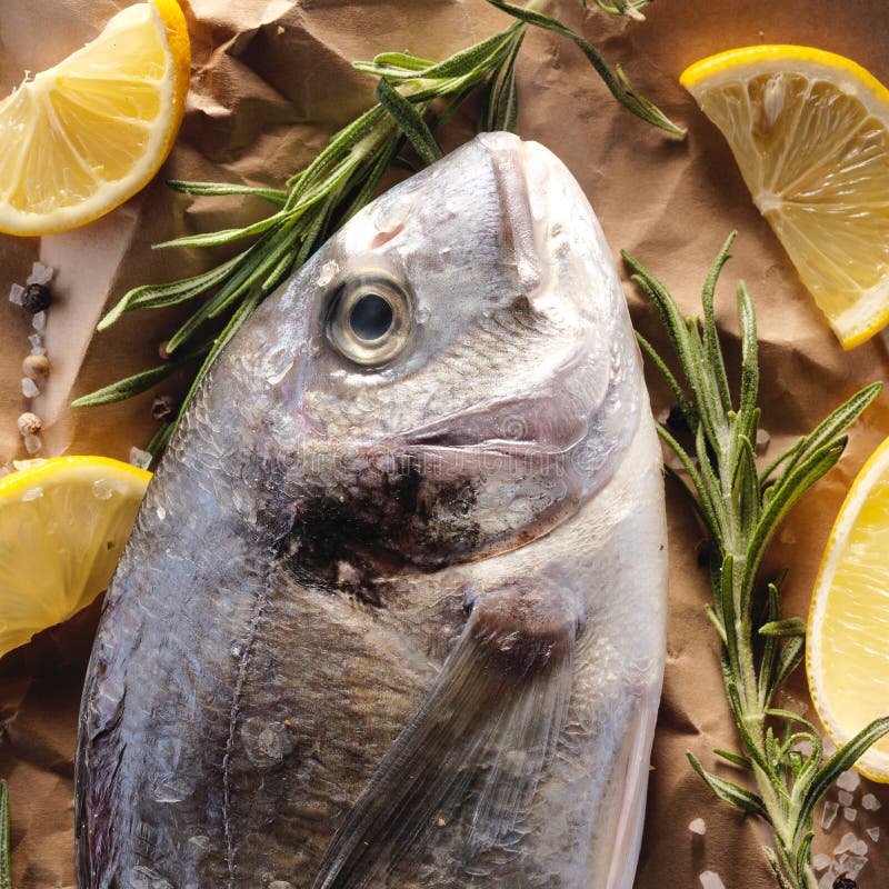 Raw Dorado Fish with Rosemary and Sea Salt Stock Photo - Image of ...