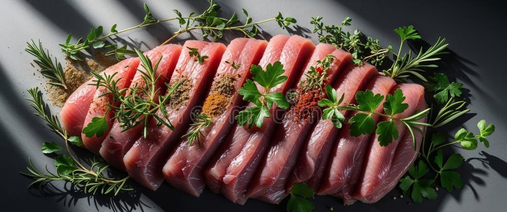 Raw Duck Meat with Herbs and Spices in Dramatic Light Stock Image ...