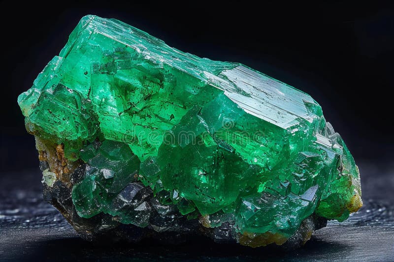 A Raw Emerald Gemstone on a Black Background, in a Front View. the ...