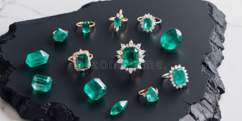 Raw Emeralds Gemstone Jewelry on Black Coal Background. Stock Image ...