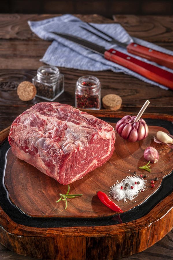Raw Entrecote Beef on a Wood Cutting Board Stock Image - Image of blade ...