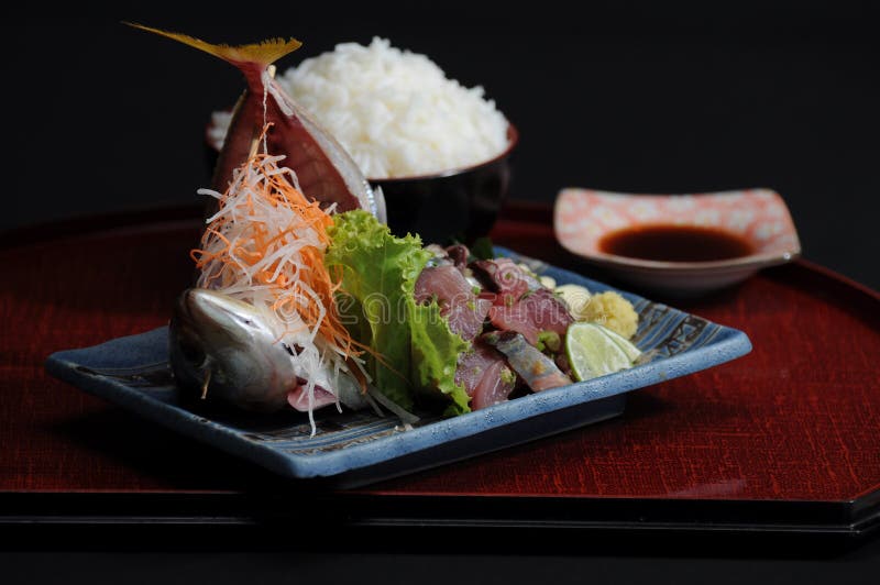 Raw Fish and Bowl of Cooked Rice Stock Photo - Image of sasimi, food ...