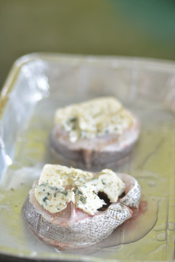 Raw Fish Colin with Cheese Roquefort Stock Image - Image of diet ...