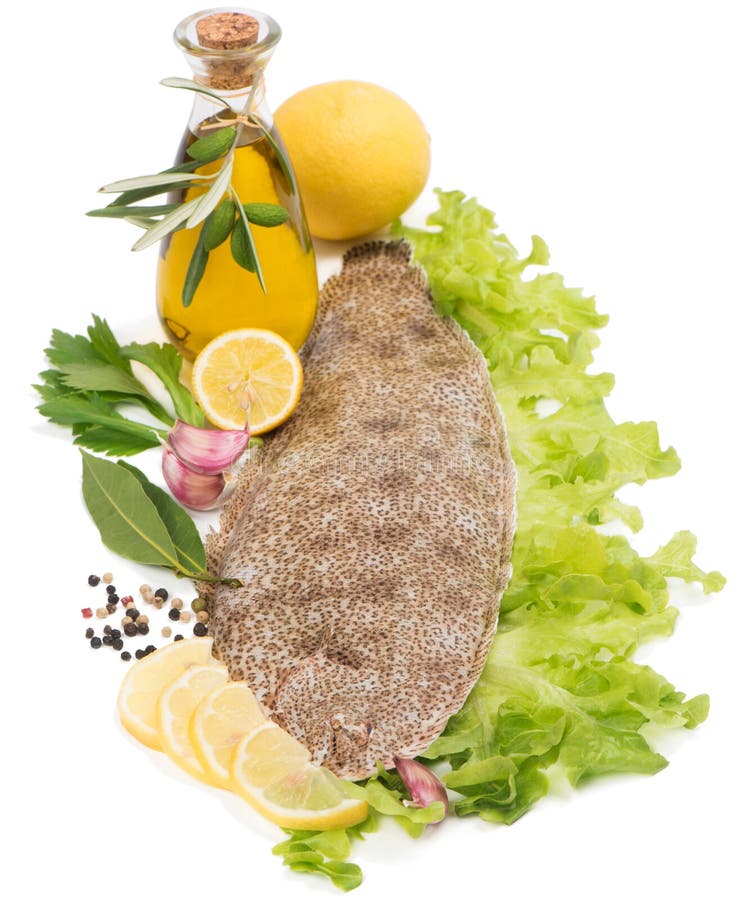Raw Fish Common Sole with Spices, Lemon and Olive Oil Stock Image ...