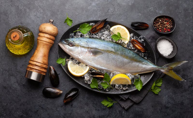 Raw Fish Cooking. Seafood and Ingredients Stock Photo - Image of dorado ...