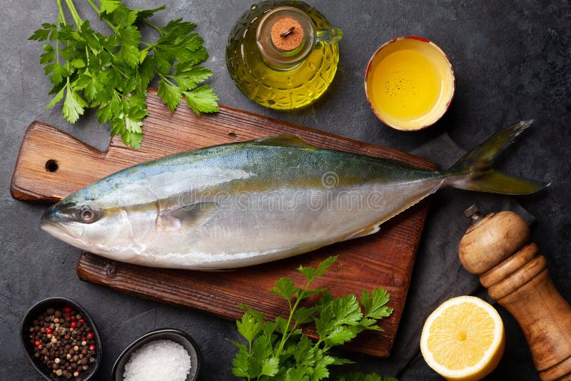 Raw Fish Cooking. Seafood and Ingredients Stock Photo - Image of grill ...