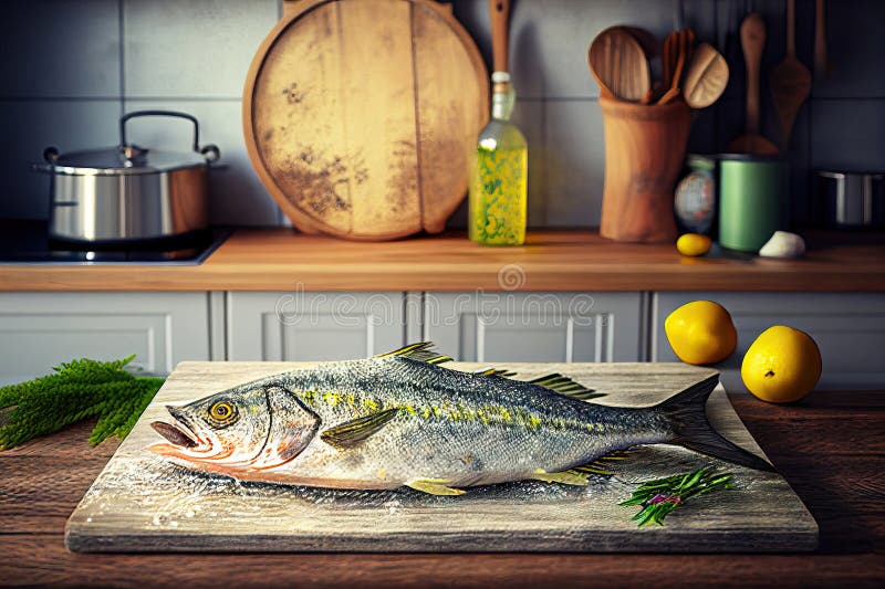 Raw Fish on Cutting Board on Table with Ingredients for Cooking in the ...