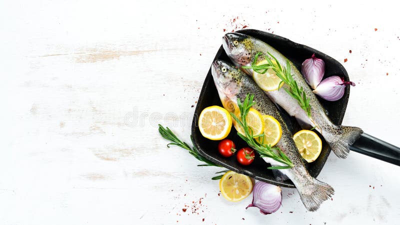 Raw Fish in a Frying Pan. Fish Trout Stock Photo - Image of cooking ...