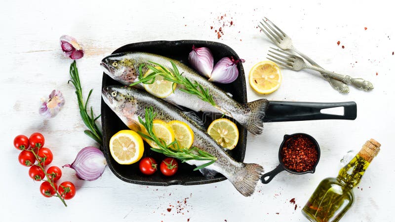 Raw Fish in a Frying Pan. Fish Trout Stock Image - Image of dinner ...