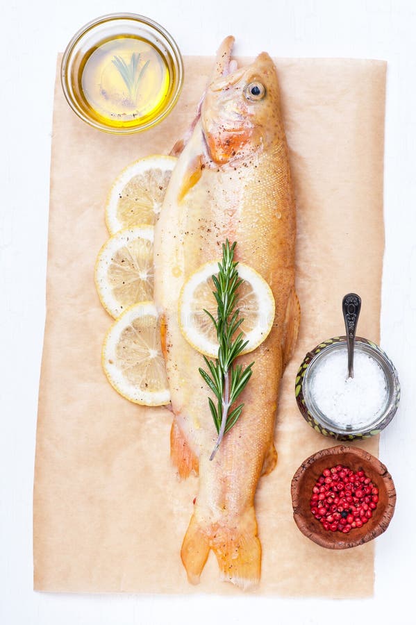 Raw Fish Golden Trout with Herbs and Spices Stock Image - Image of ...