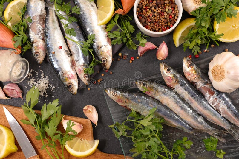 Raw fish and ingredients stock photo. Image of view - 114068306