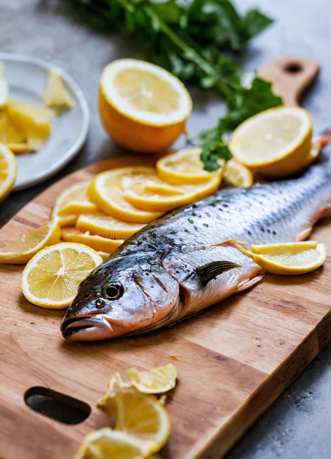 Raw Fish and Lemon on a Board. Selective Focus Stock Photo - Image of ...