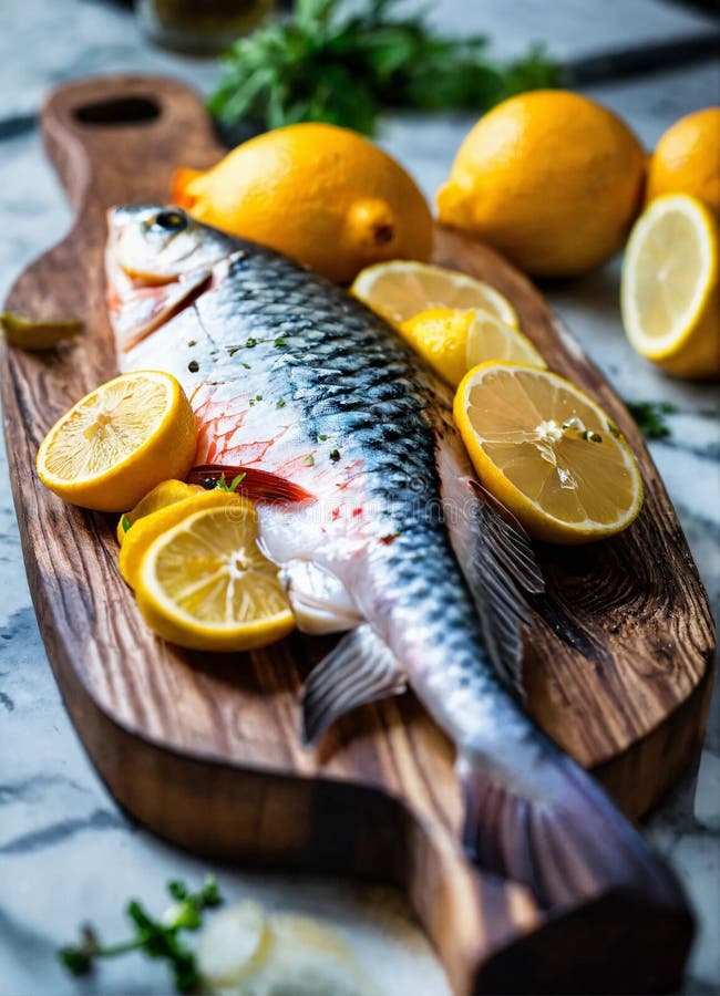 Raw Fish and Lemon on a Board. Selective Focus Stock Image - Image of ...