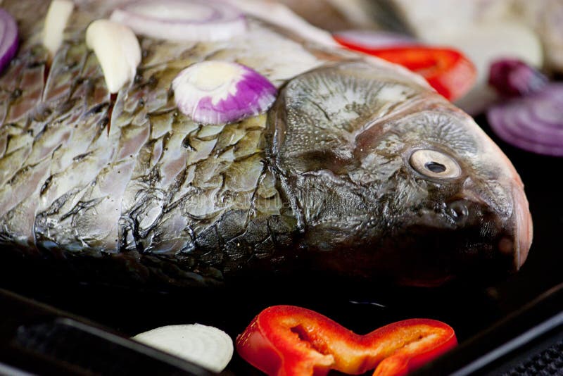 Raw Fish with Onion and Pepper Slices Stock Image - Image of prepping ...