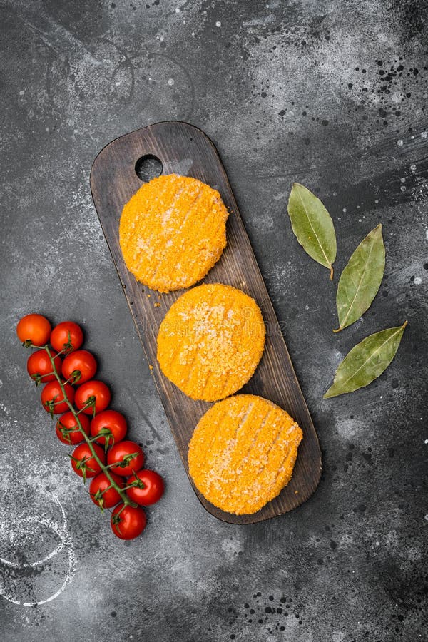 Raw Fish Patties, on Black Dark Stone Table Background, Top View Flat ...