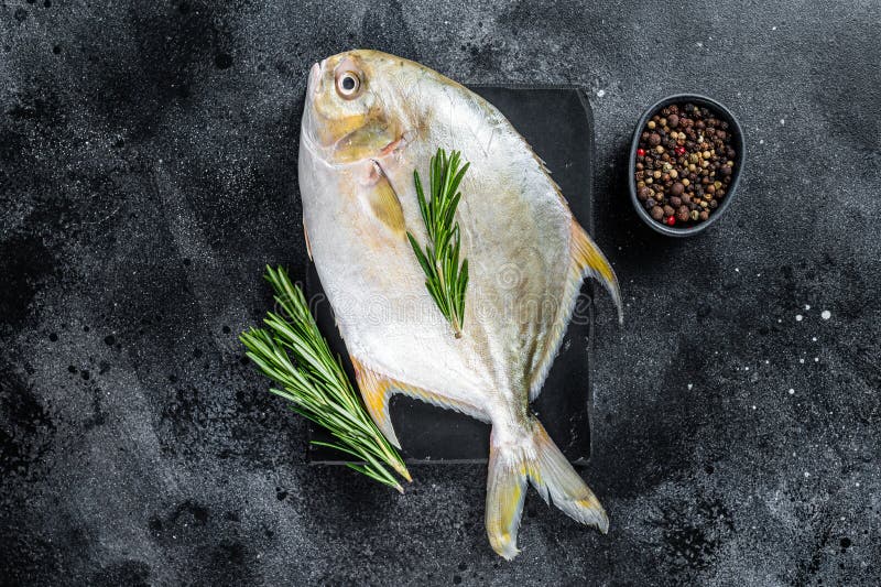 Raw Fish Pompano Herbs Marble Board Black Background Top View Stock ...